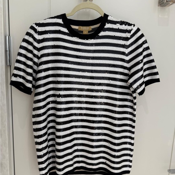 Michael Kors Collection | Tops | Black And White Striped Sequin Top ...